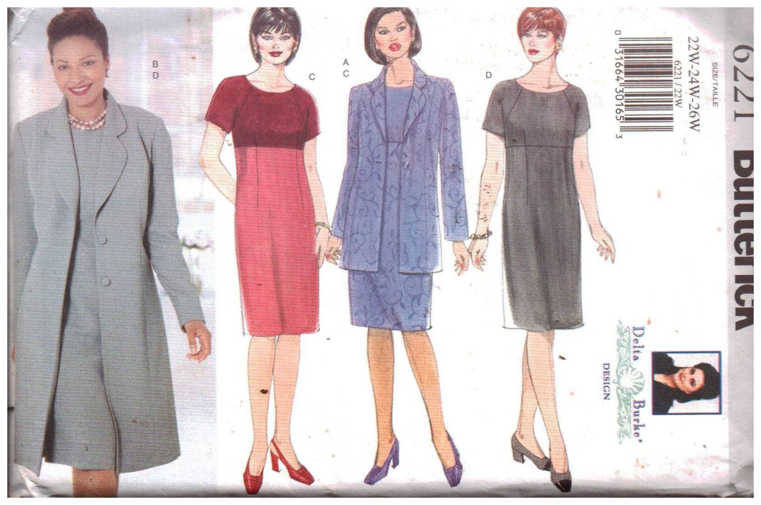 Butterick 6221 Dress, Jacket by Delta Burke Size: 22W-24W-26W Uncut ...