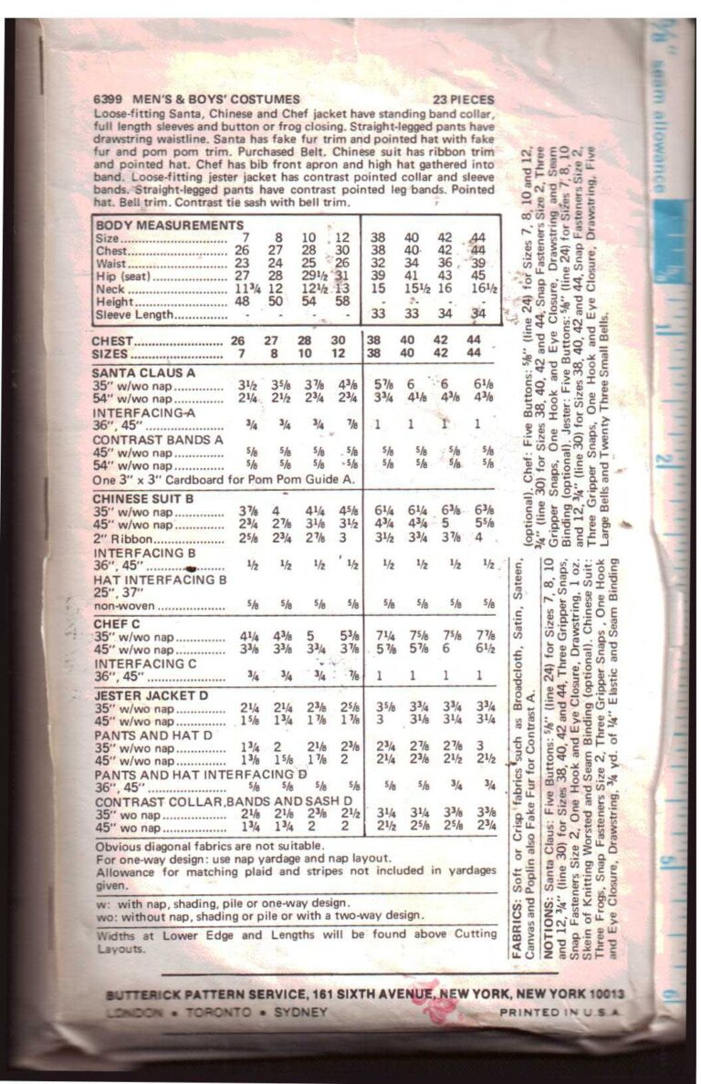 Butterick 6399 Men's Costume - Santa Claus, Chinese Suit, Chef, Jester ...