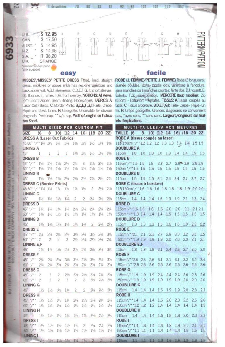 Butterick 6933 Dress Size: 18-20-22 Uncut Sewing Pattern