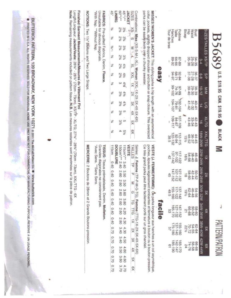 Butterick B5689 Jacket byb connie Crawford Size: XXL-6X Uncut Sewing ...