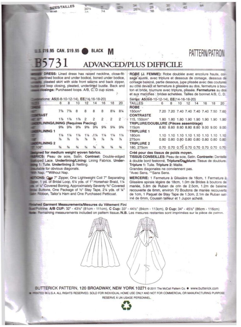 Butterick B5731 Wedding Dress Size: EE 14-16-18-20 Uncut Sewing Pattern