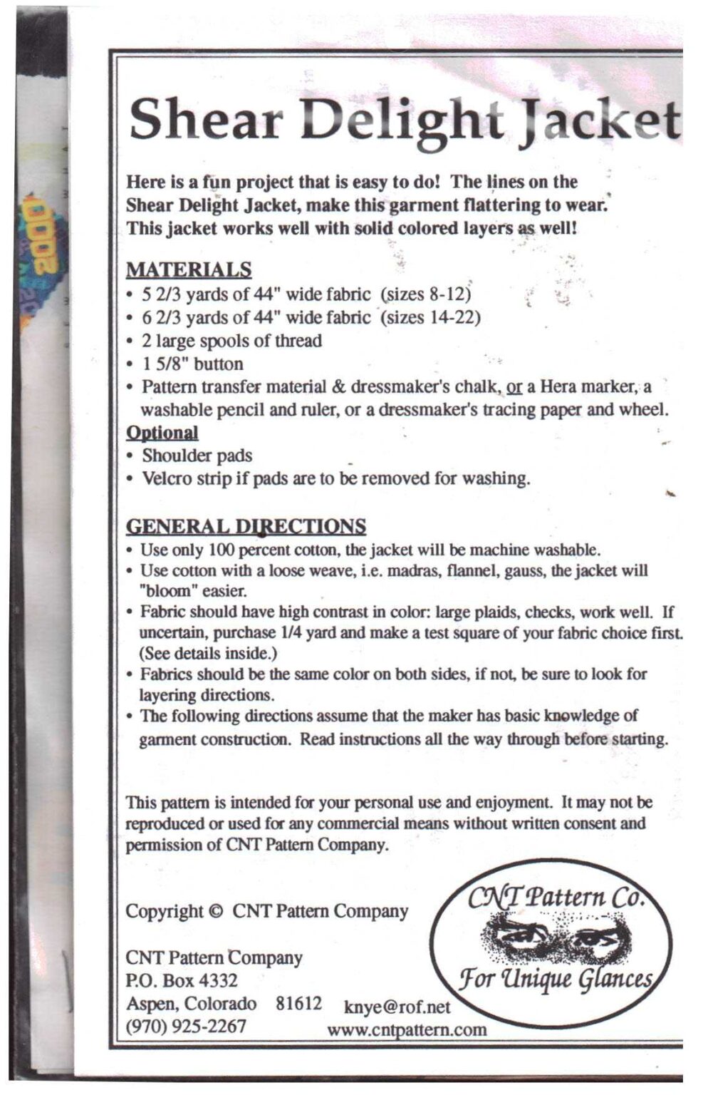 CNT Pattern Co. Shear Delight Jacket Size: All Uncut Sewing Pattern