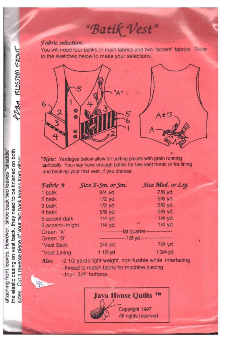 Java House Quilts Batik Vest Size: All Uncut Sewing Pattern