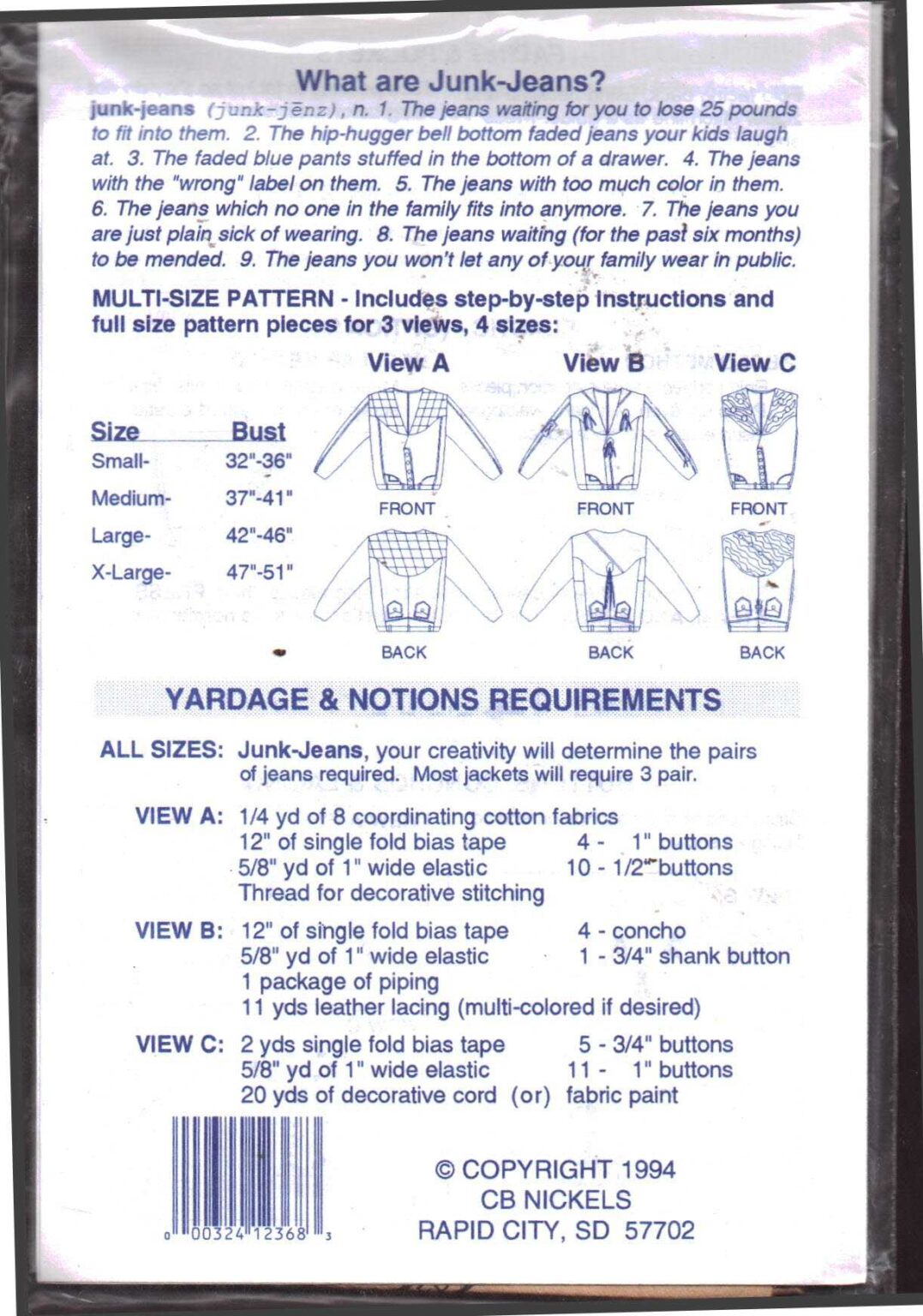 Junk Jeans JAC-6006 Upsaide-Down Jacket Size: All Uncut Sewing Pattern