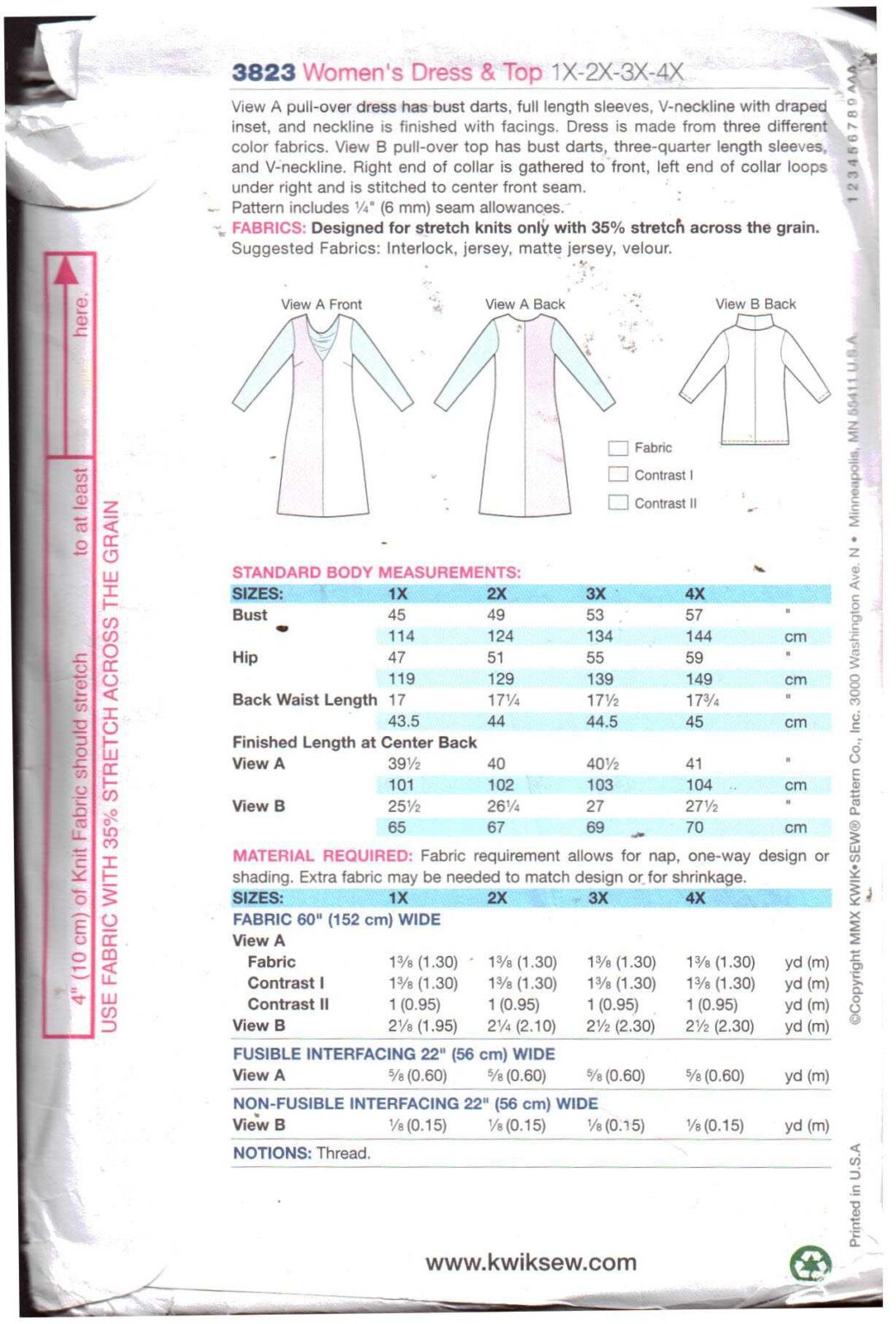 Kwik Sew 3823 Dress, Top Size: 1X-2X-3X-4X Uncut Sewing Pattern