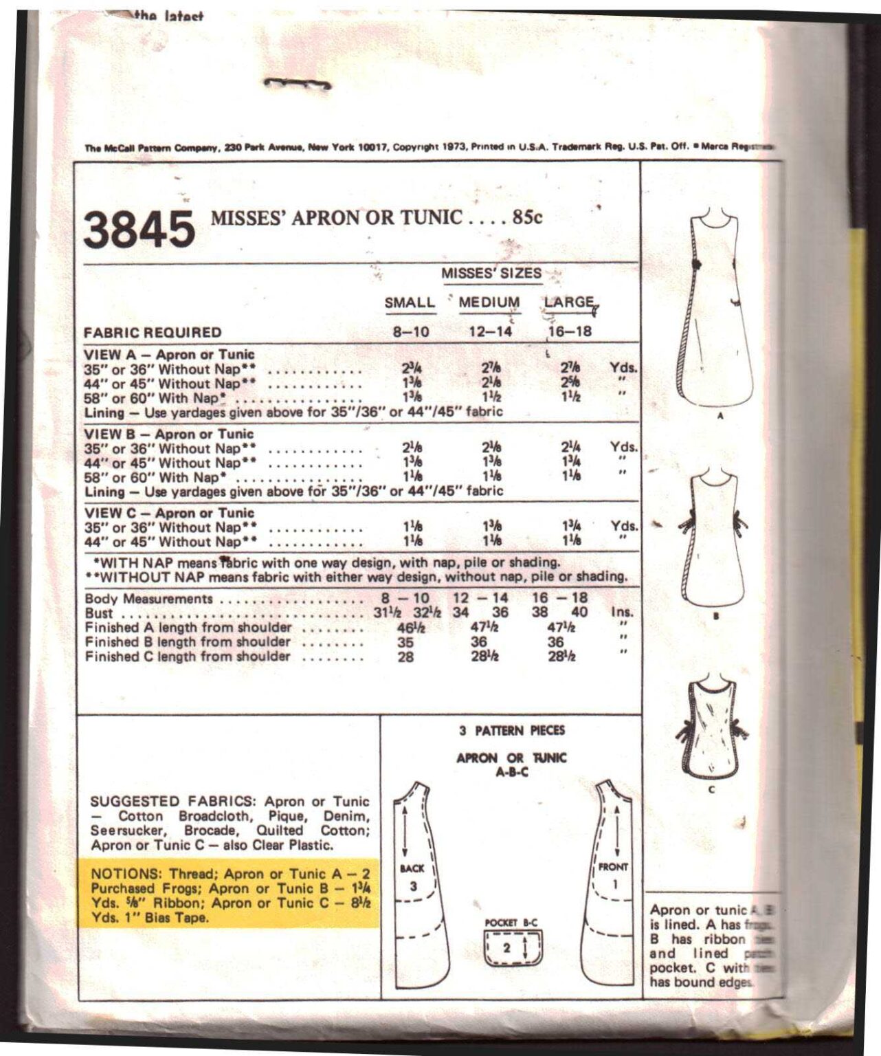 McCall's 3839 Dress Size: 10 Bust 32.5 Used Sewing Pattern