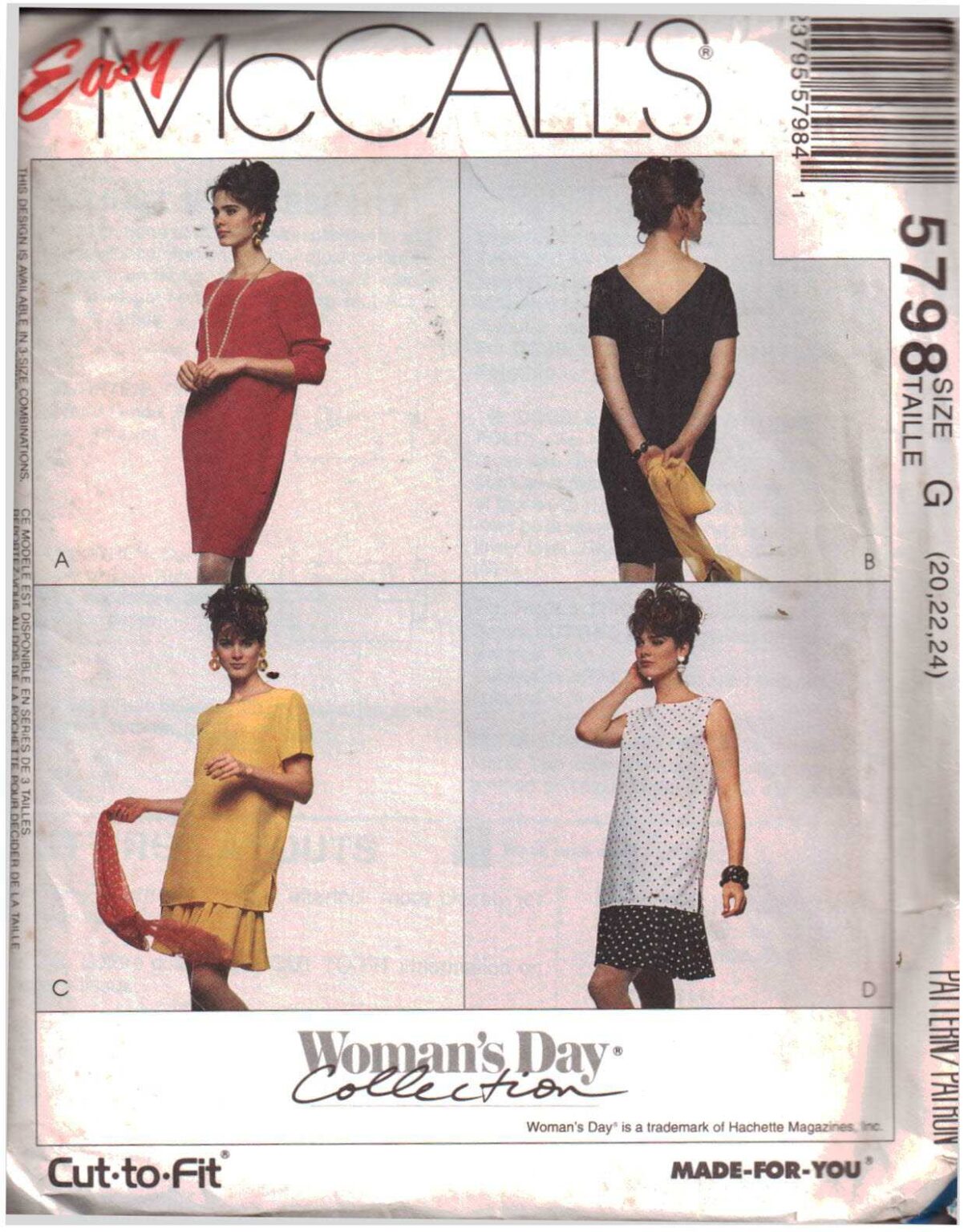 McCall's 5798 One or Two-piece Dress Size: G 20-22-24 Uncut Sewing Pattern