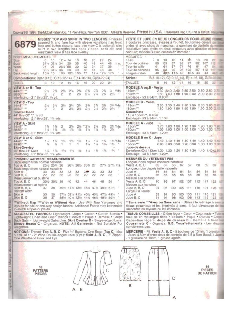 McCall's 6879 Top, Skirt in two lengths Size: G 20-22-24 Uncut Sewing ...