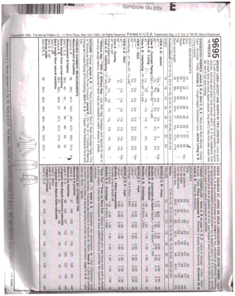 McCall's 9695 Jacket, Skirt Size: G 20-22-24 Uncut Sewing Pattern