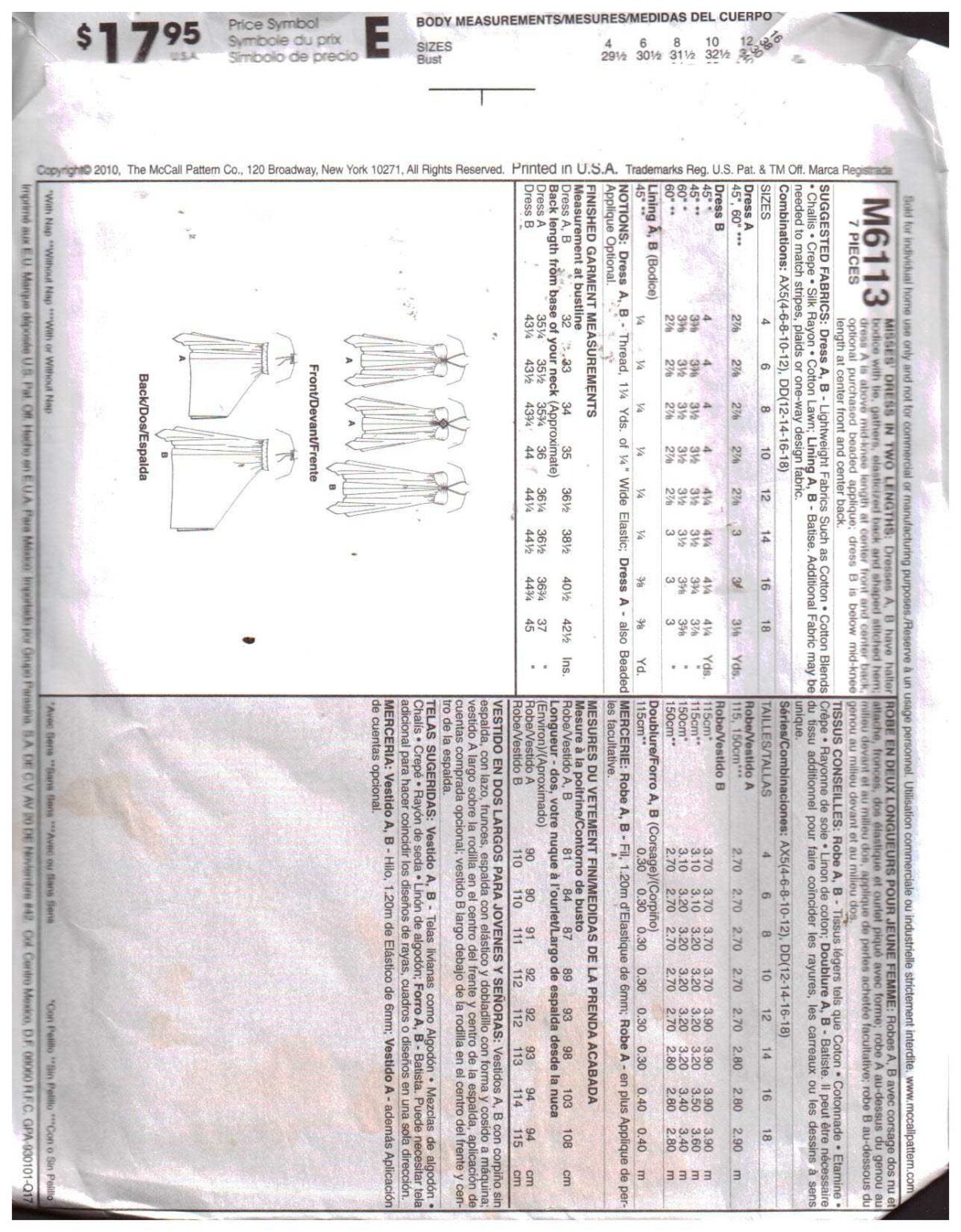 McCall's M6113 Dress in two lengths size: AX5 4-6-8-10-12 Uncut Sewing Pattern