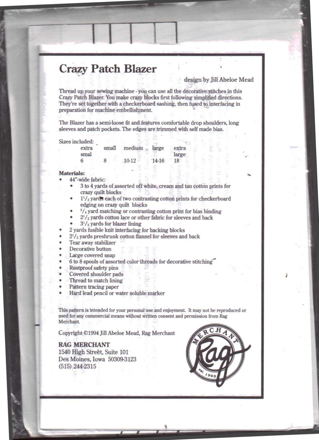 Merchant Rag Crazy Patch Blazer Size: All Uncut Sewing Pattern