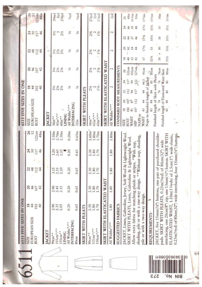 New Look 6511 Jacket, Skirts Size: 18-26 Uncut Sewing Pattern