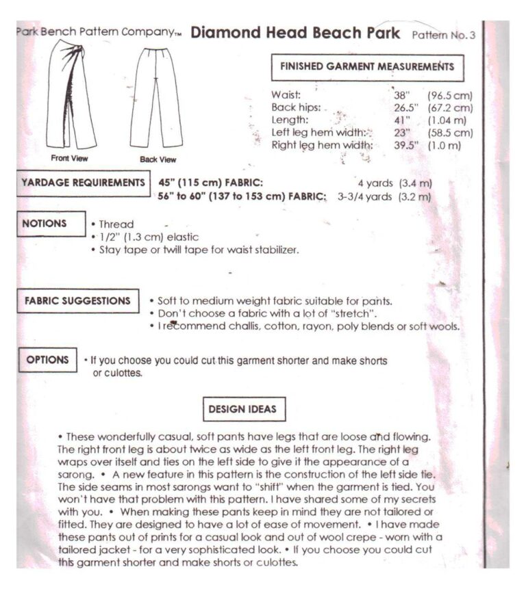 Park Bench Pattern Co. Diamond Head Beach Park 3 Size: All Uncut Sewing ...