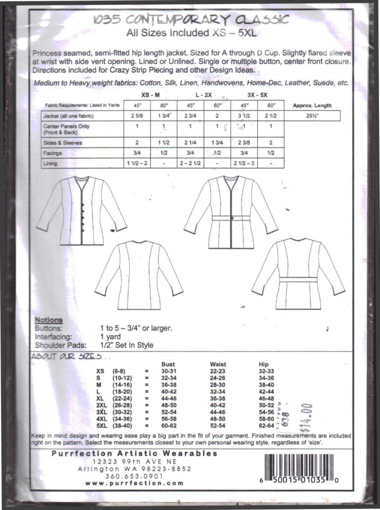 Purrfection 1035 Contemporary Classic Size: All Uncut Sewing Pattern