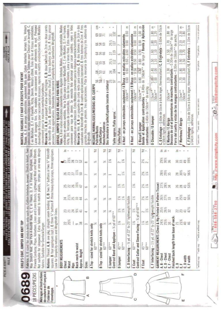 Simplicity 0689 Girl's coat, Jumper, Top Size: AA 3-4-5-6 Uncut Sewing ...