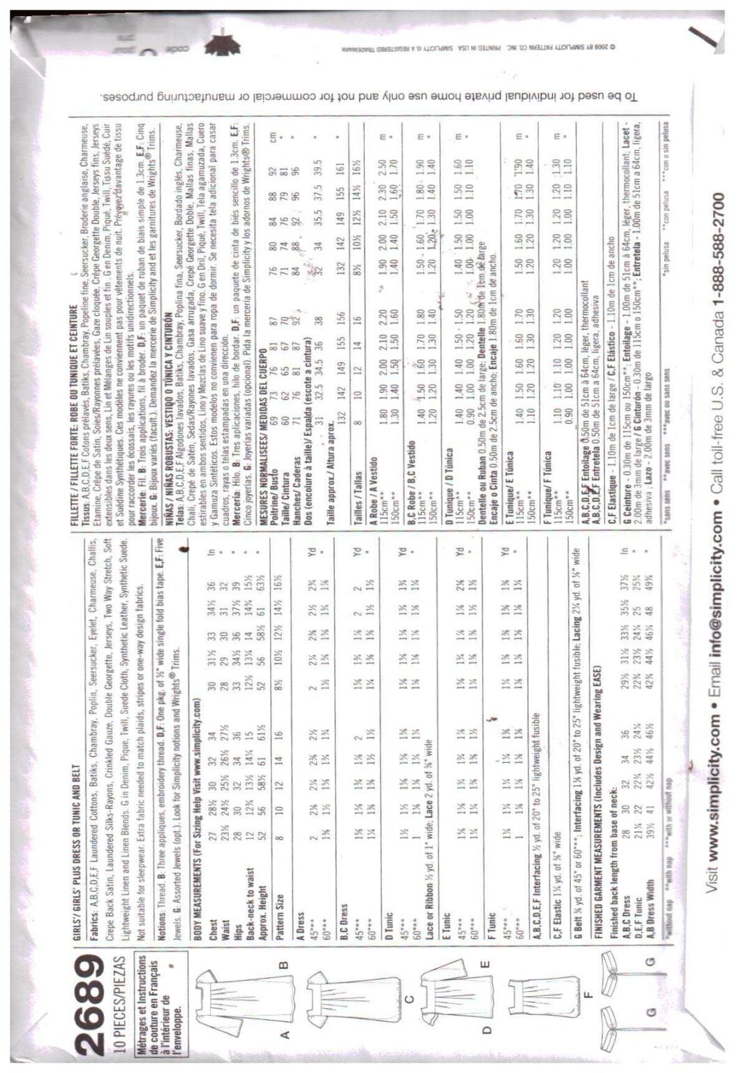 Simplicity 2689 Girl's Dress, Tunic Size: AA 8-10-12-14-16 Uncut Sewing ...