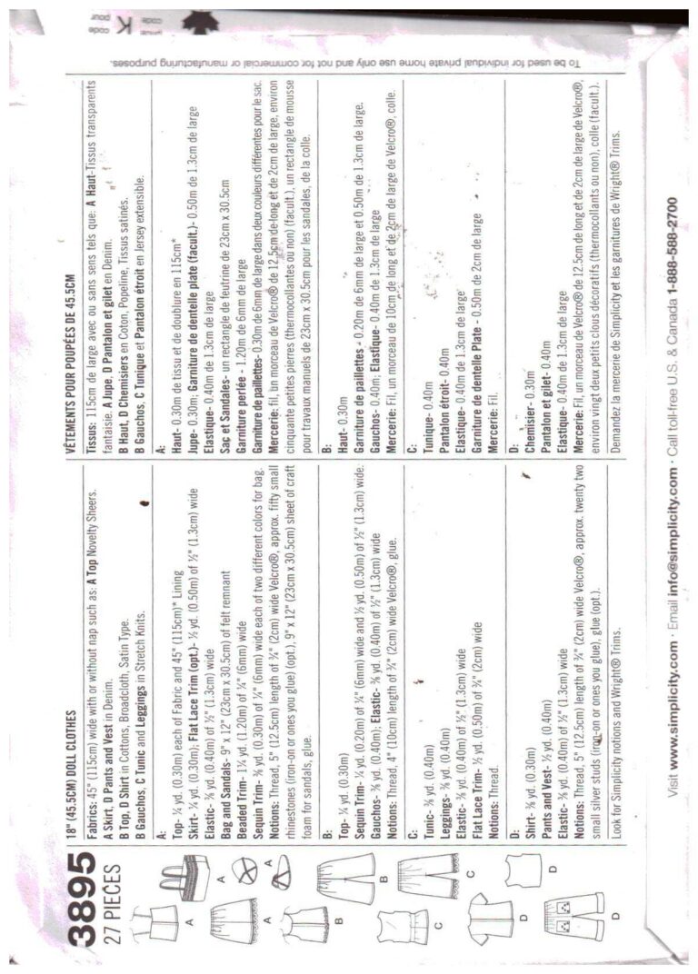 Simplicity 3895 Doll Clothes Size: 18" Used Sewing Pattern