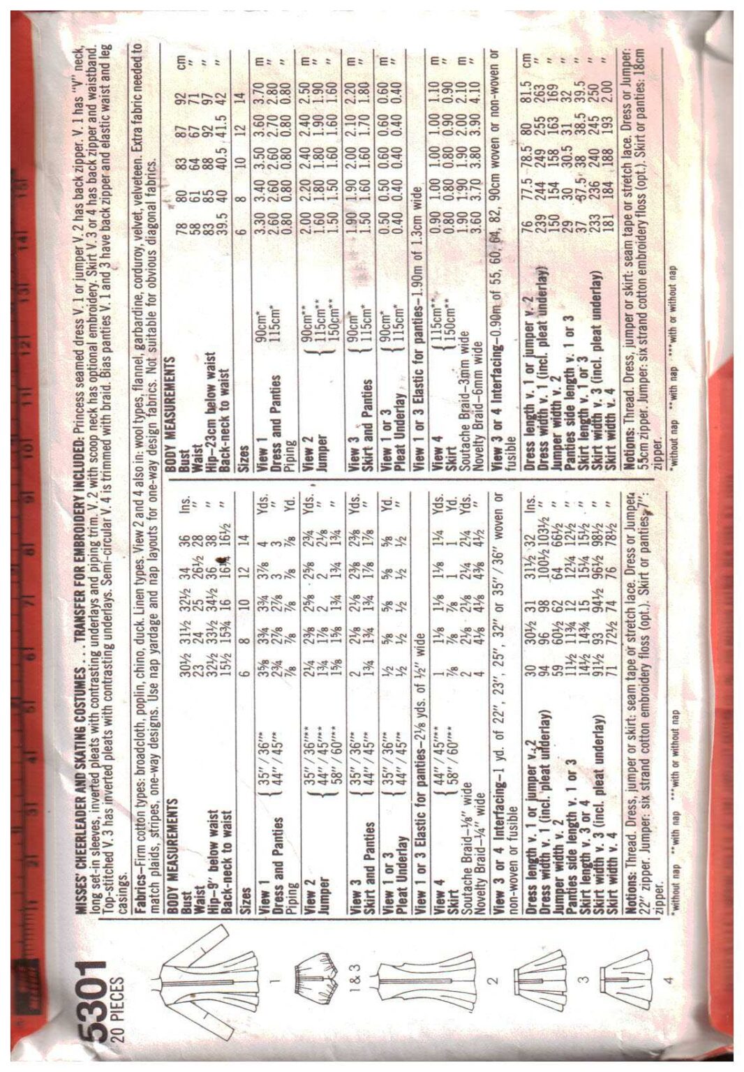 Simplicity 5301 Cheerleader, Skating Costumes Size: 10 Used Sewing Pattern
