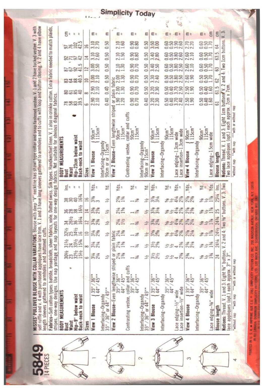 Simplicity 5849 Blouses with collar variations Size: 6 Uncut Sewing Pattern