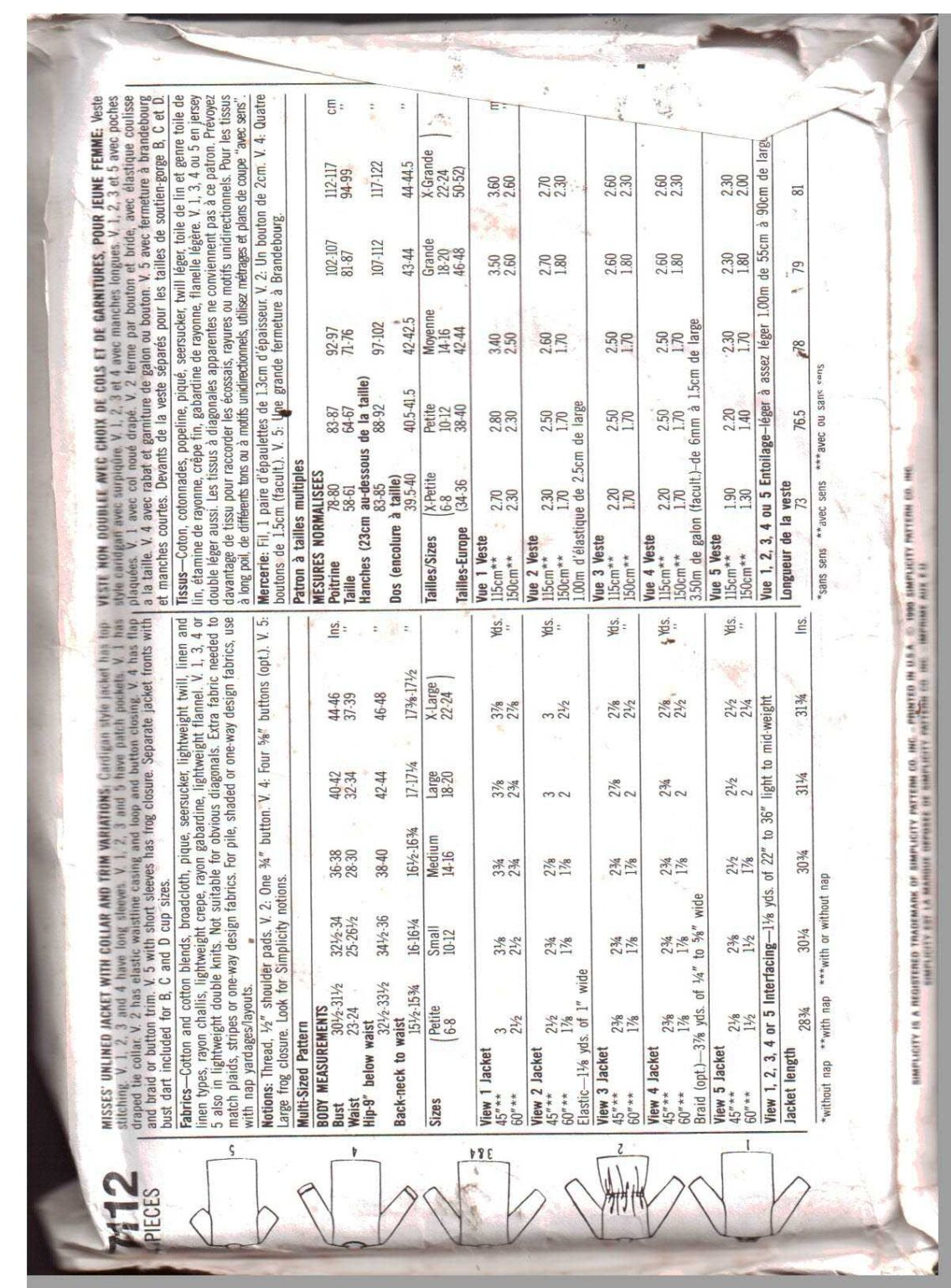 Simplicity 7112 Jackets with collar and trim variations Size: A PT-XL ...