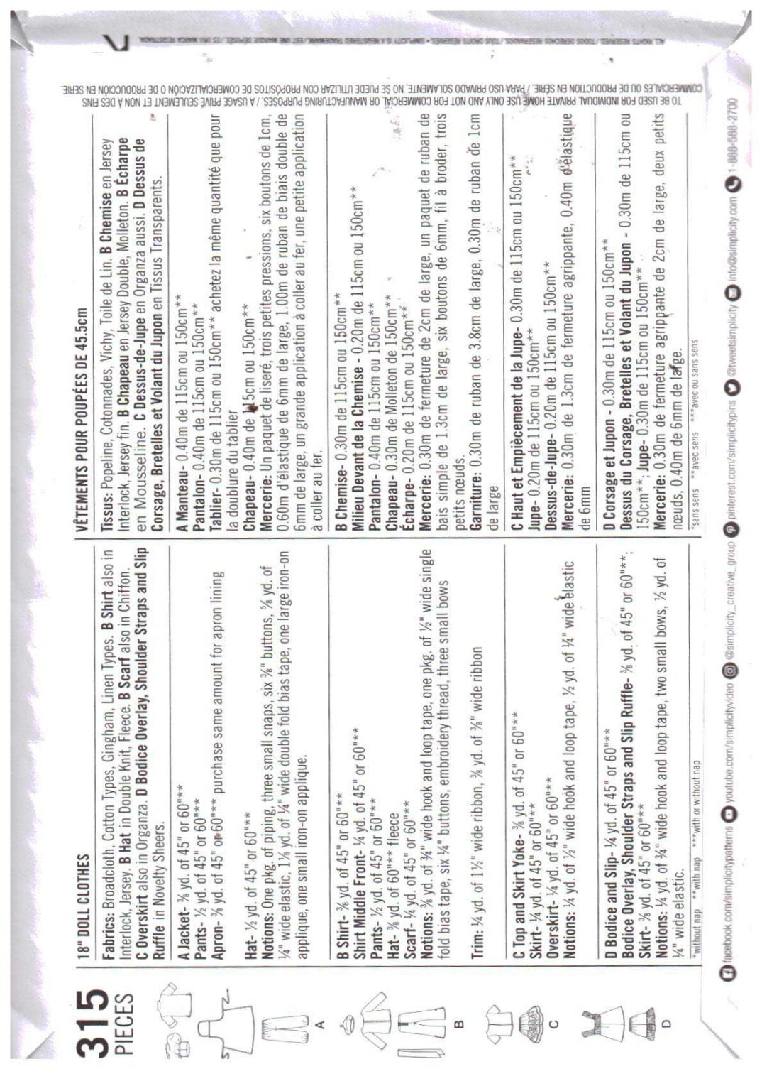 Simplicity 8315 Doll Clothes Size: 18" Uncut Sewing Pattern