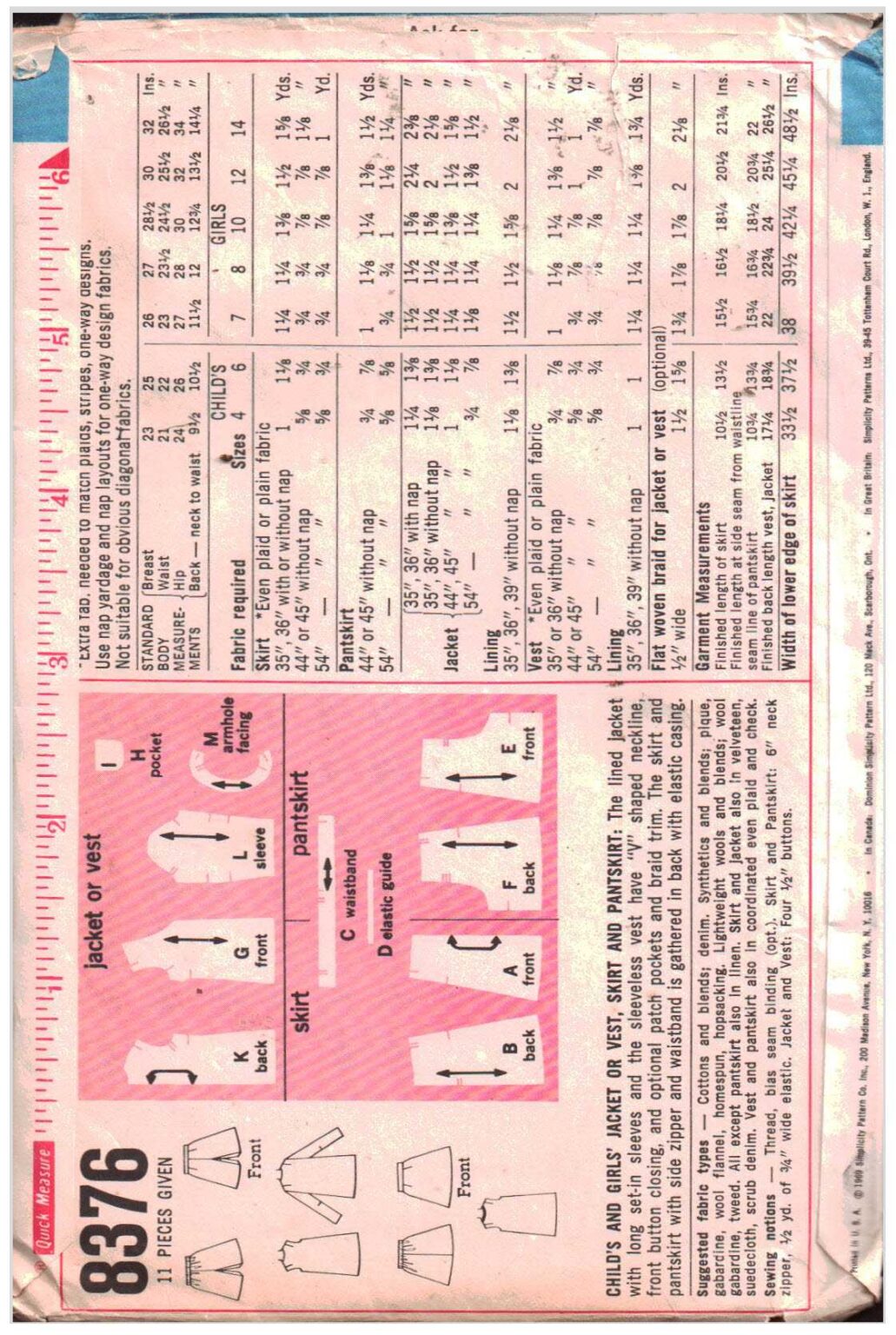 Simplicity 8376 Girl's Jacket, Vest, Pantskirt Size: 7 Breast 26 Used ...