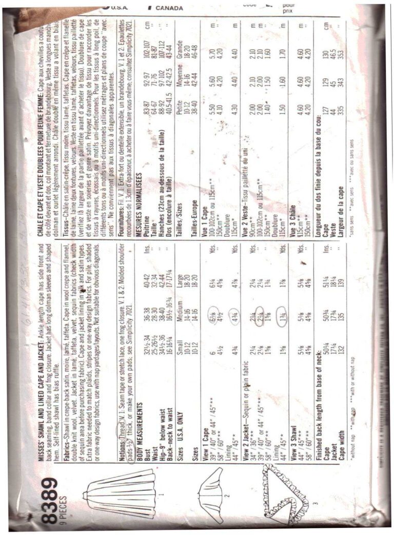 Simplicity 8389 Cape, Shawl, Jacket Size: All Uncut Sewing Pattern