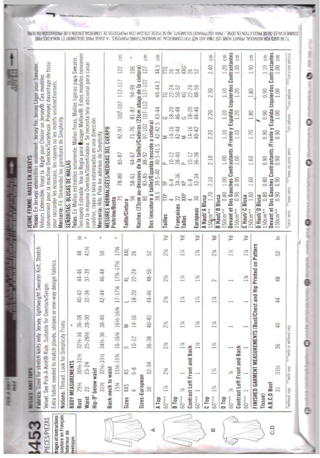 Simplicity 8453 Tops Size: A XXS-XXL Uncut Sewing Pattern