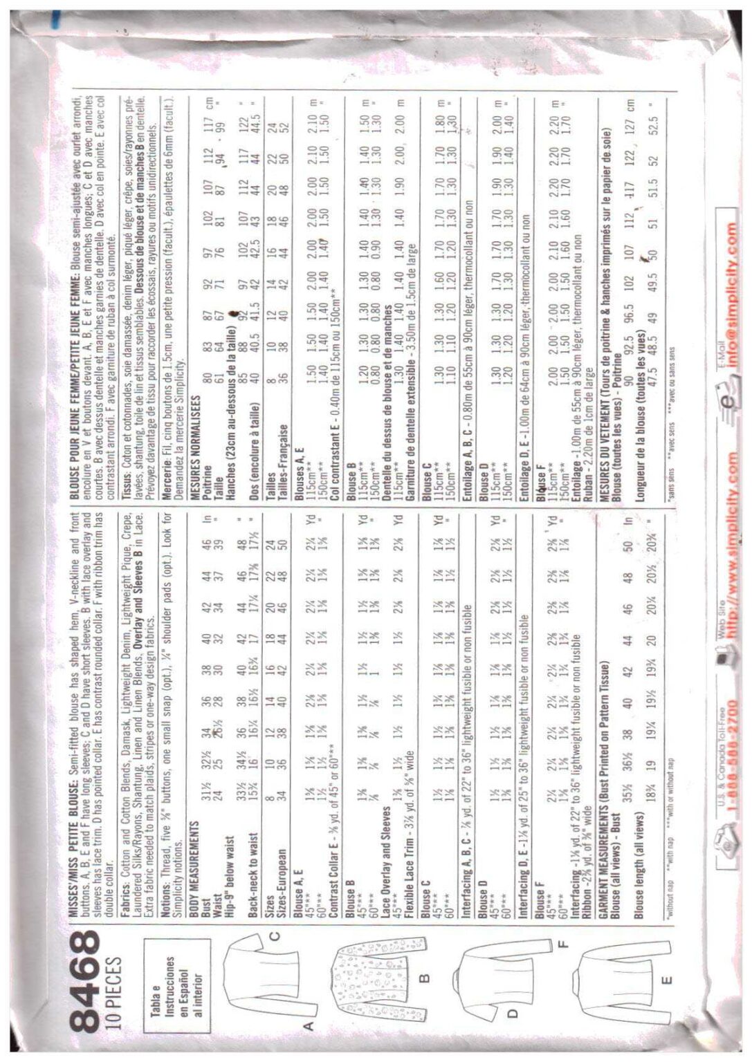 Simplicity 8468 Blouse Size: Z 20-2224 Uncut Sewing Pattern