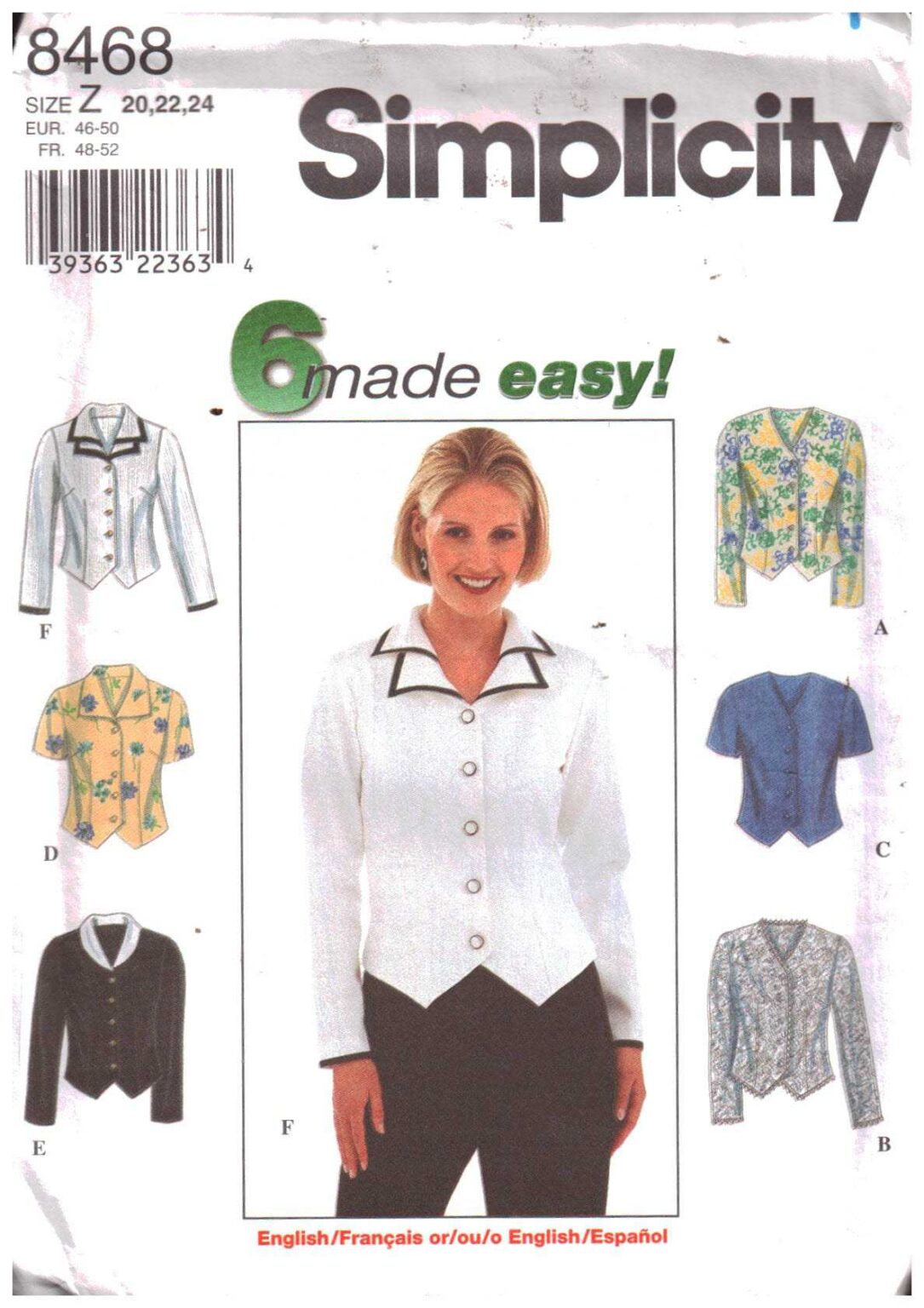 Simplicity 8468 Blouse Size: Z 20-2224 Uncut Sewing Pattern