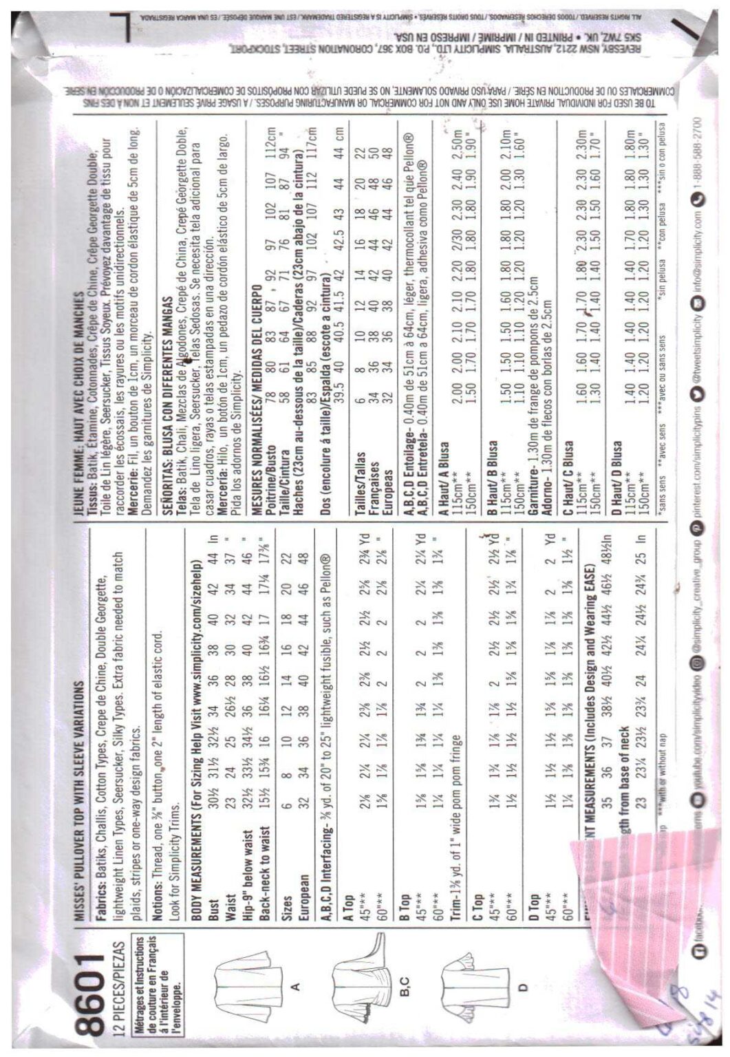 Simplicity 8601 Tops Size: H5 6-14 Used Sewing Pattern