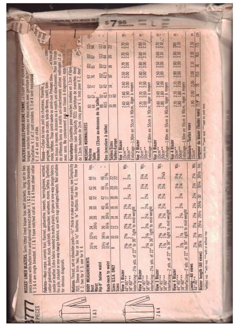 Simplicity 8777 Blazer Size: 22 Uncut Sewing Pattern
