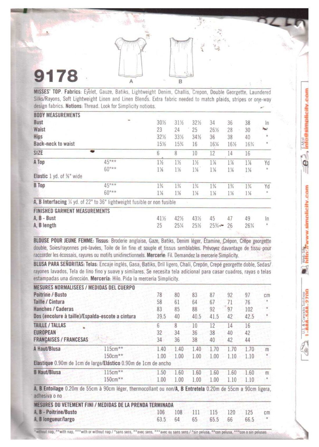 Simplicity 9178 Tops Size: A 6-16 Uncut Sewing Pattern