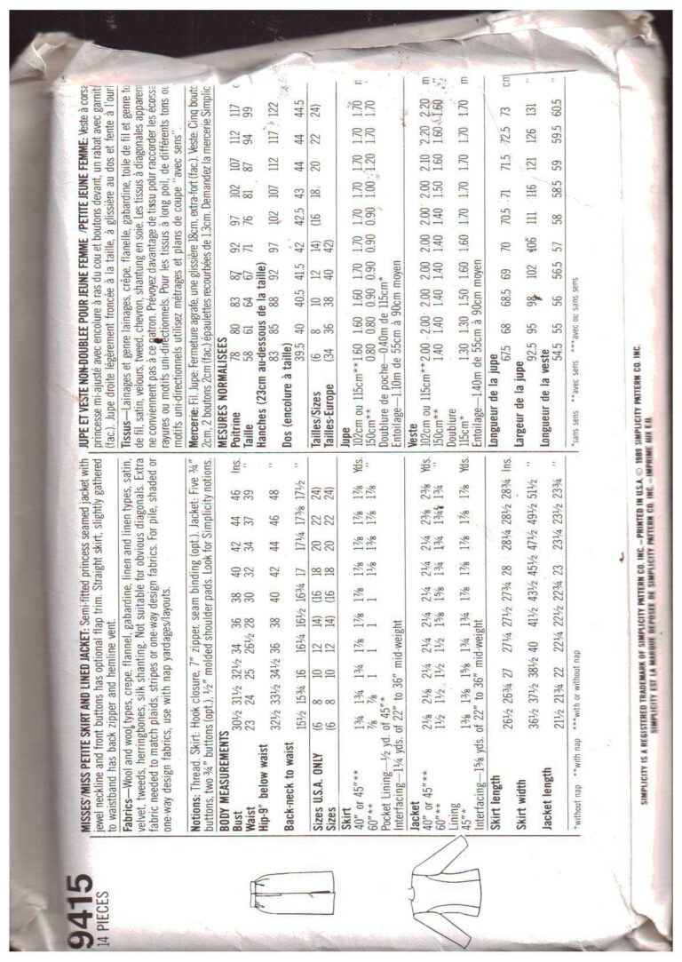 Simplicity 9415 Suit - Skirt, Jacket Size: U5 16-24 Uncut Sewing Pattern