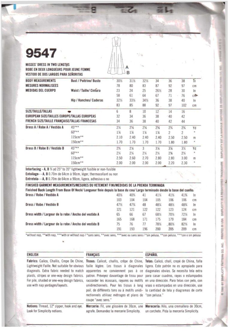 Simplicity 9547 Dress Size: A 6-16 Uncut Sewing Pattern