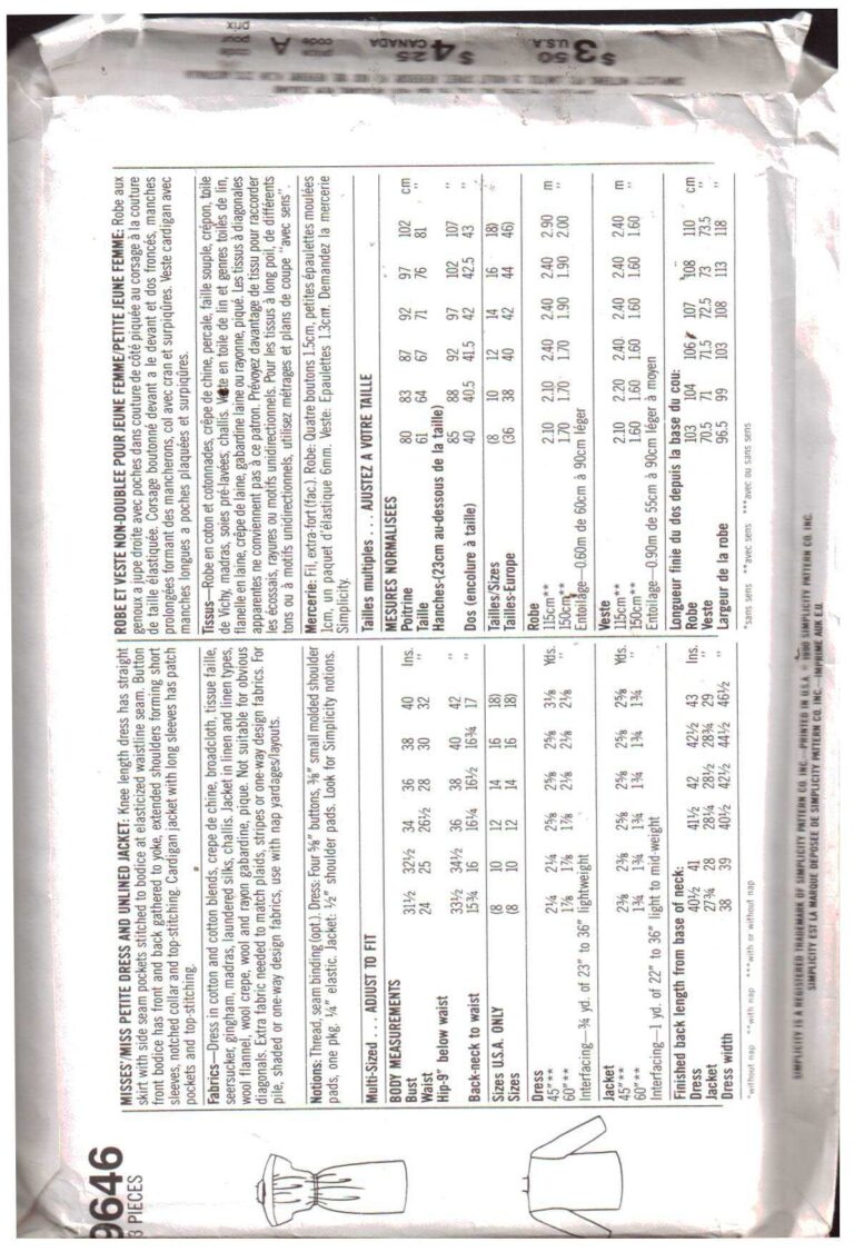 Simplicity 9646 Dress, Jacket Size: A All Uncut Sewing Pattern