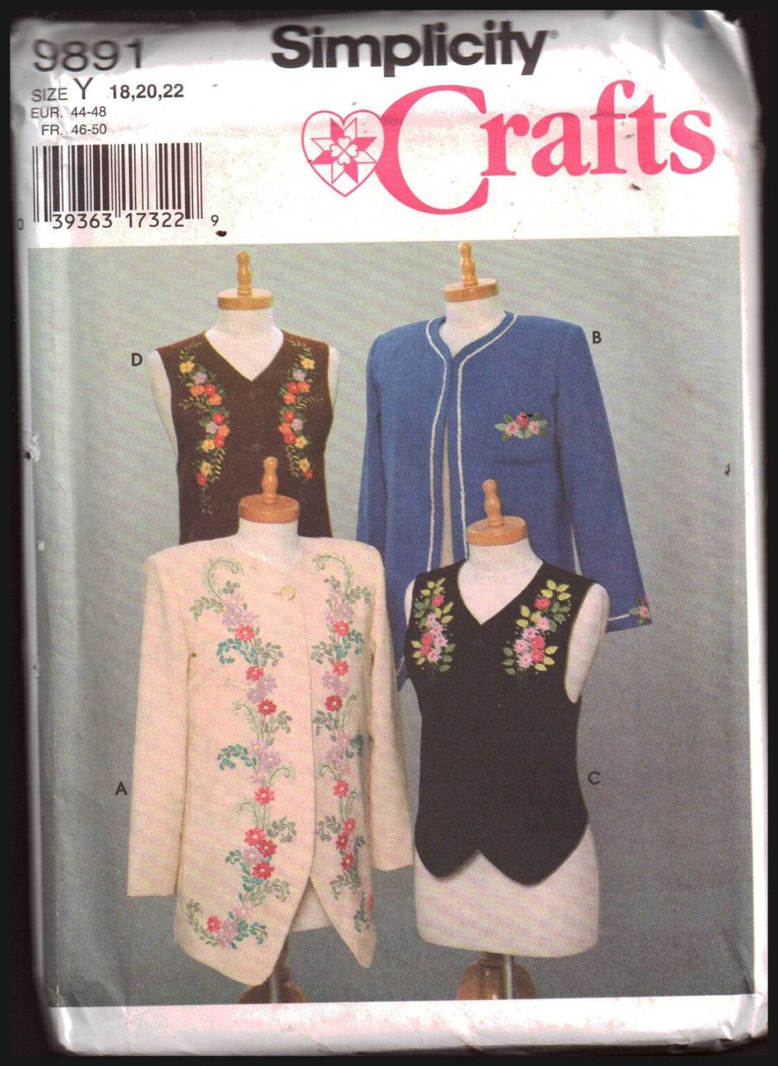 Simplicity 9891 Jacket, Vest Size: Y 18-20-22 Uncut Sewing Pattern