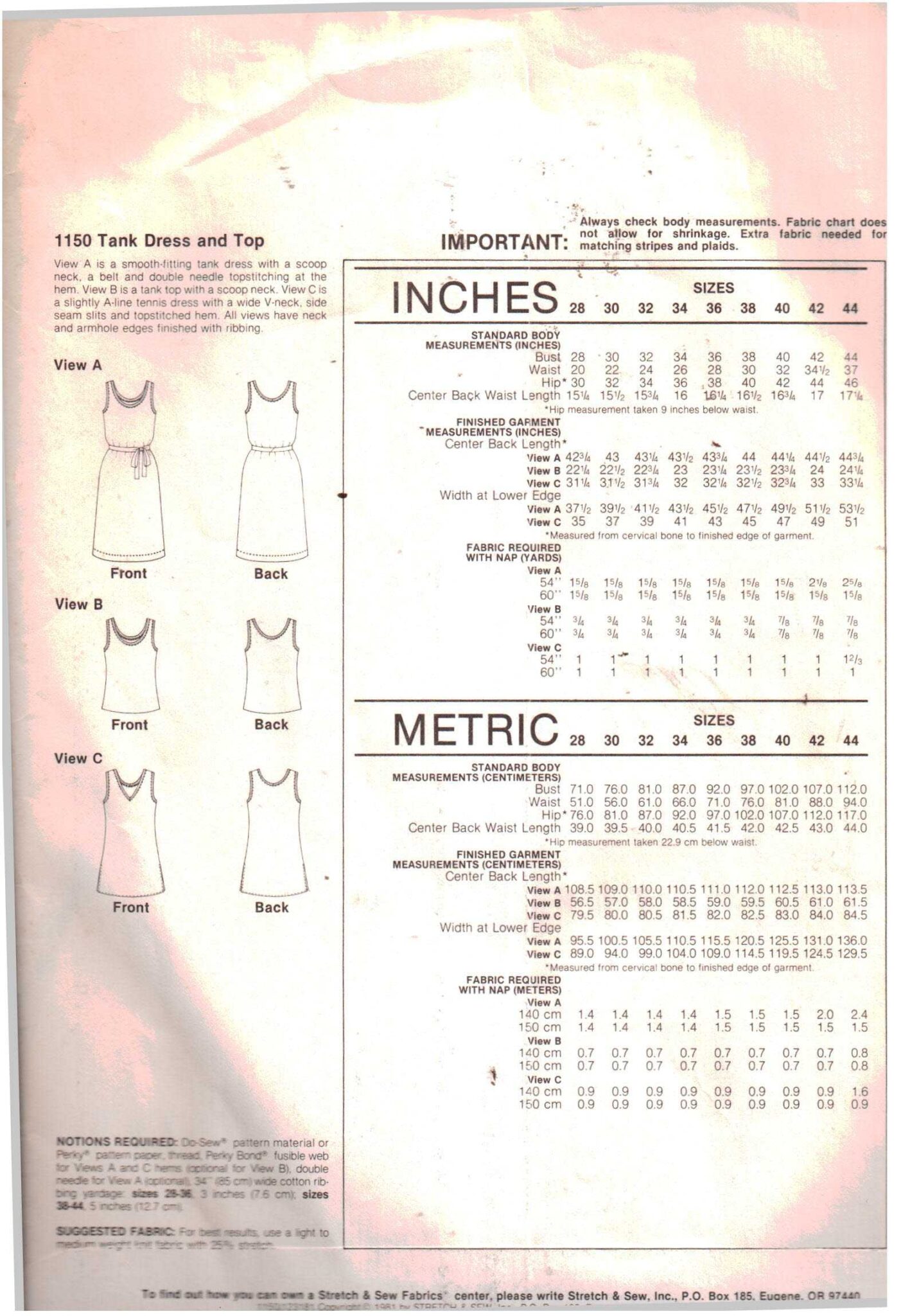 Stretch & Sew 1150 Tank Dress, Top Size: 26-44 Uncut Sewing Pattern