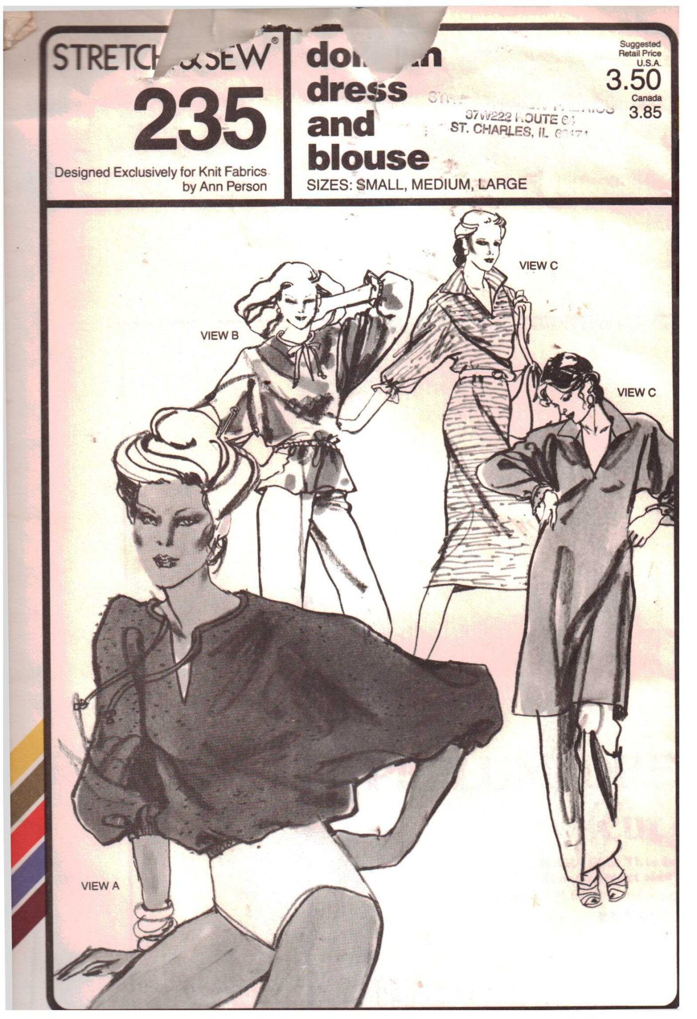 Stretch & Sew 235 Dolman Dress & Blouse Size: S-M-L Uncut Sewing Pattern