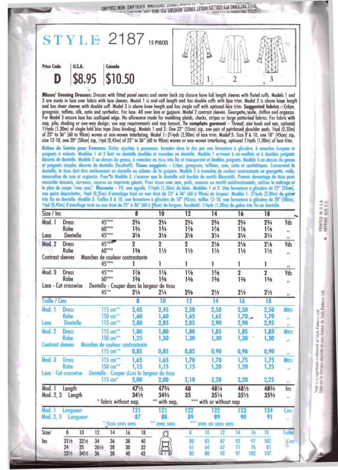 Style 2187 Evening Dress Size: A 8-18 Uncut Sewing Pattern