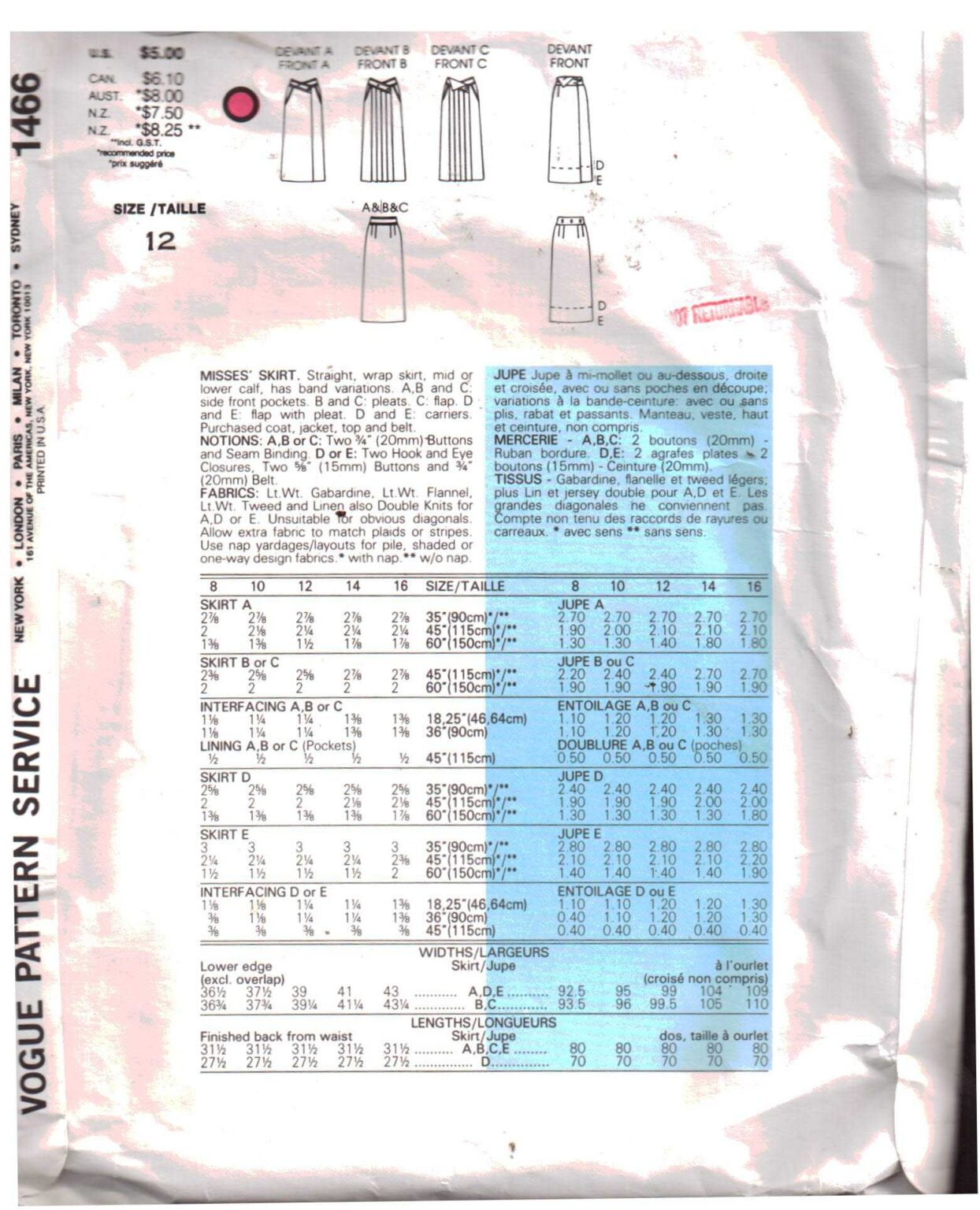 Vogue 1466 Skirts Size: 12 Used Sewing Pattern