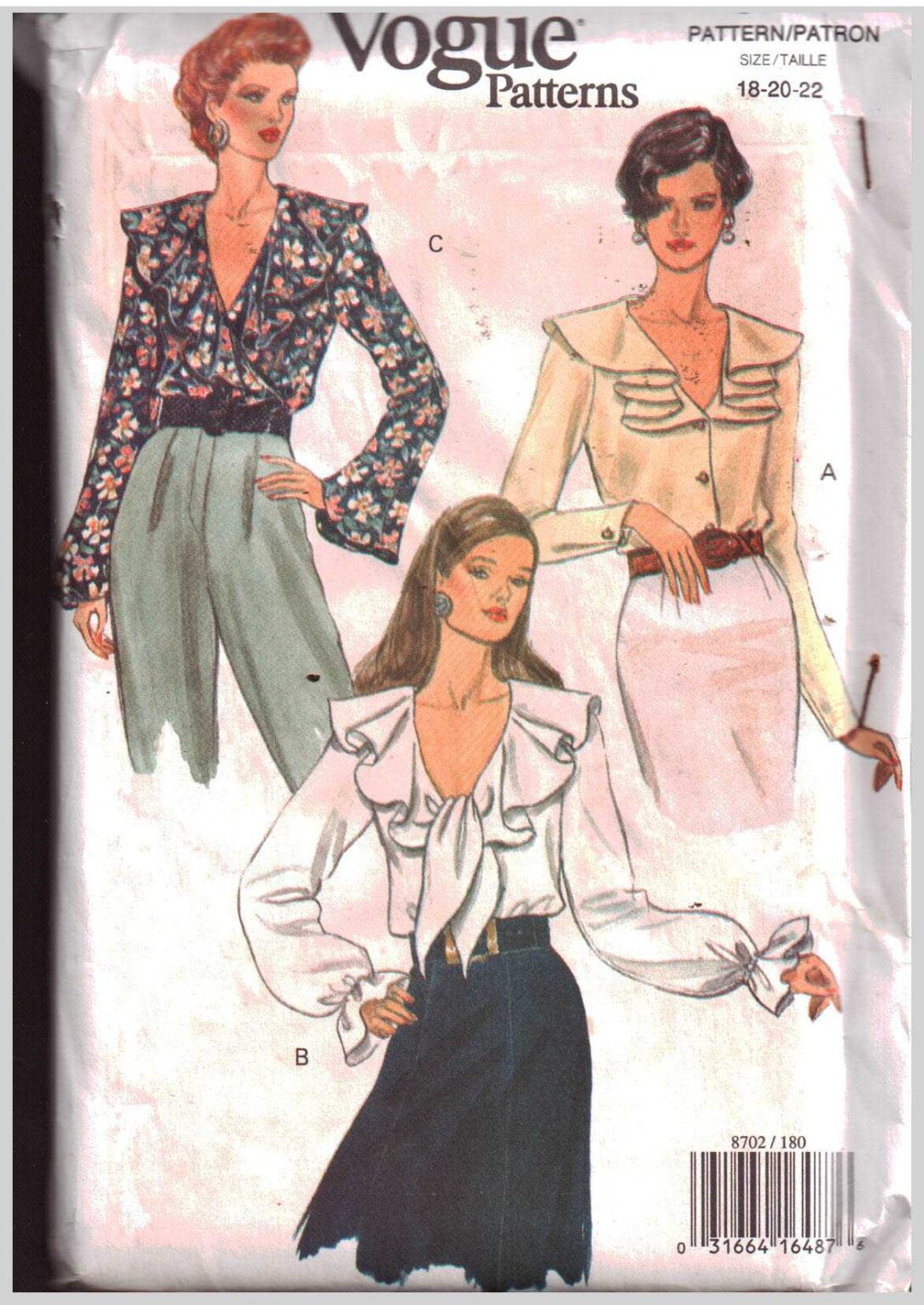 Vogue 8702 Tops Size: 18-20-22 Uncut Sewing Pattern