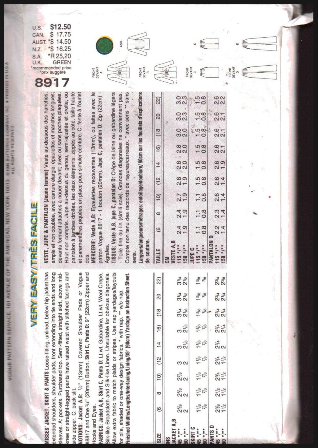 Vogue 8917 Jacket, Skirt, Pants Size: 18-20-22 Uncut Sewing Pattern
