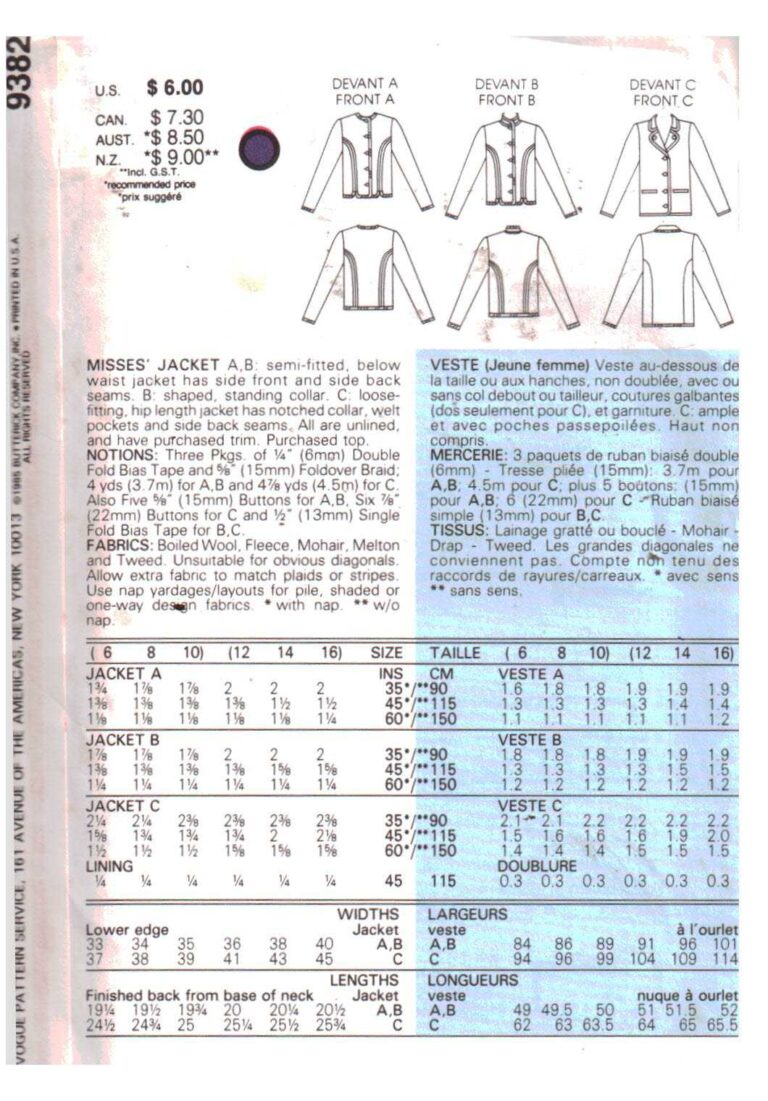 Vogue 9382 Jacket Size: 12-14-16 Uncut Sewing Pattern