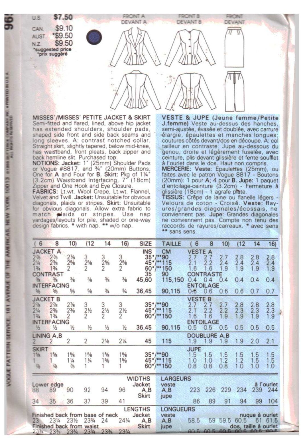 Vogue 9659 Jacket, Skirt Size: 6-8-10 Uncut Sewing Pattern