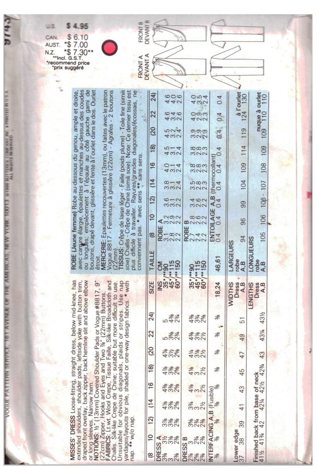 Vogue 9743 Dress Size: 20-22-24 Uncut Sewing Pattern