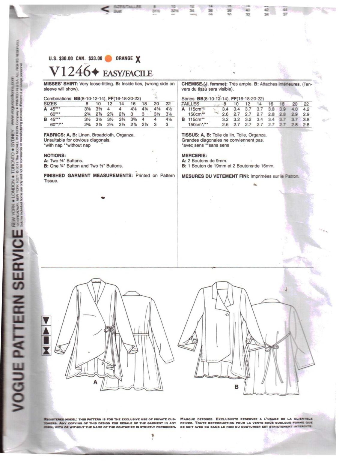 Vogue V1246 Shirt by Lynn Mizono Size: BB 8-10-12-14 Used Sewing Pattern