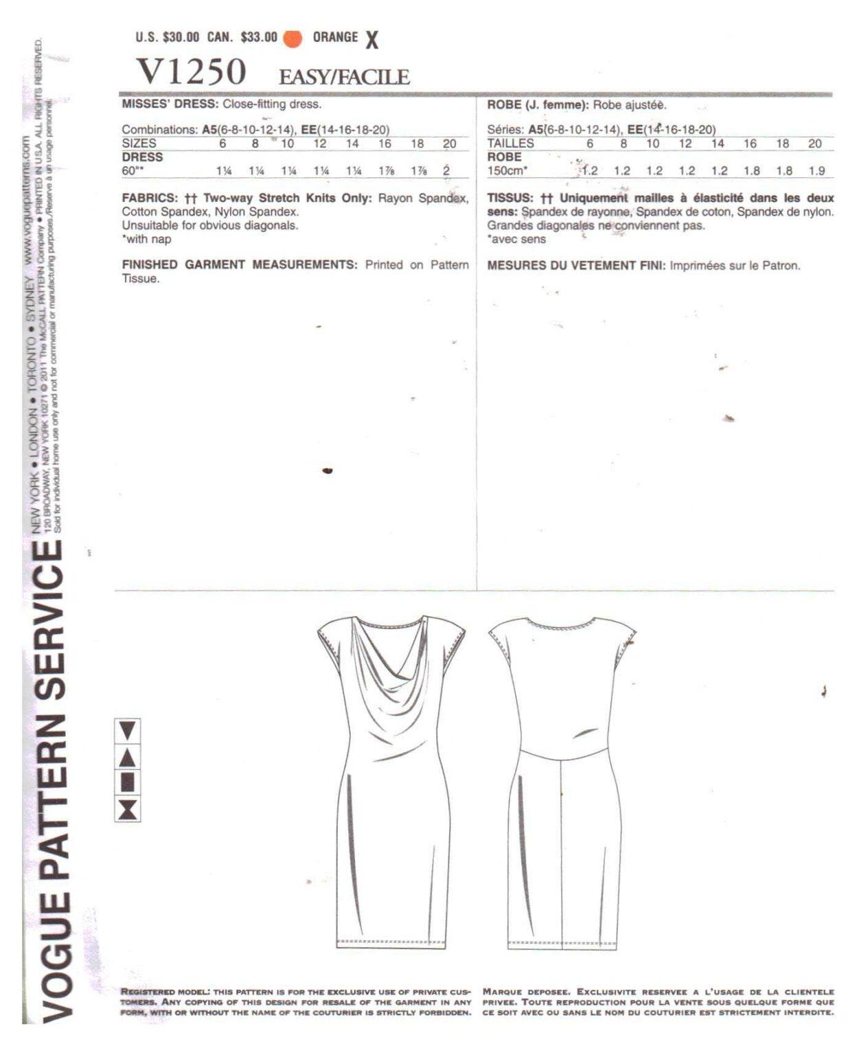 Vogue V1250 Dress by Donna Karan Size: A5 6-8-10-12-14 Uncut Sewing Pattern