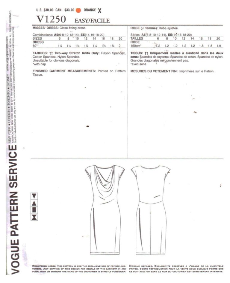 Vogue V1250 Dress by Donna Karan Size: A5 6-8-10-12-14 Uncut Sewing Pattern