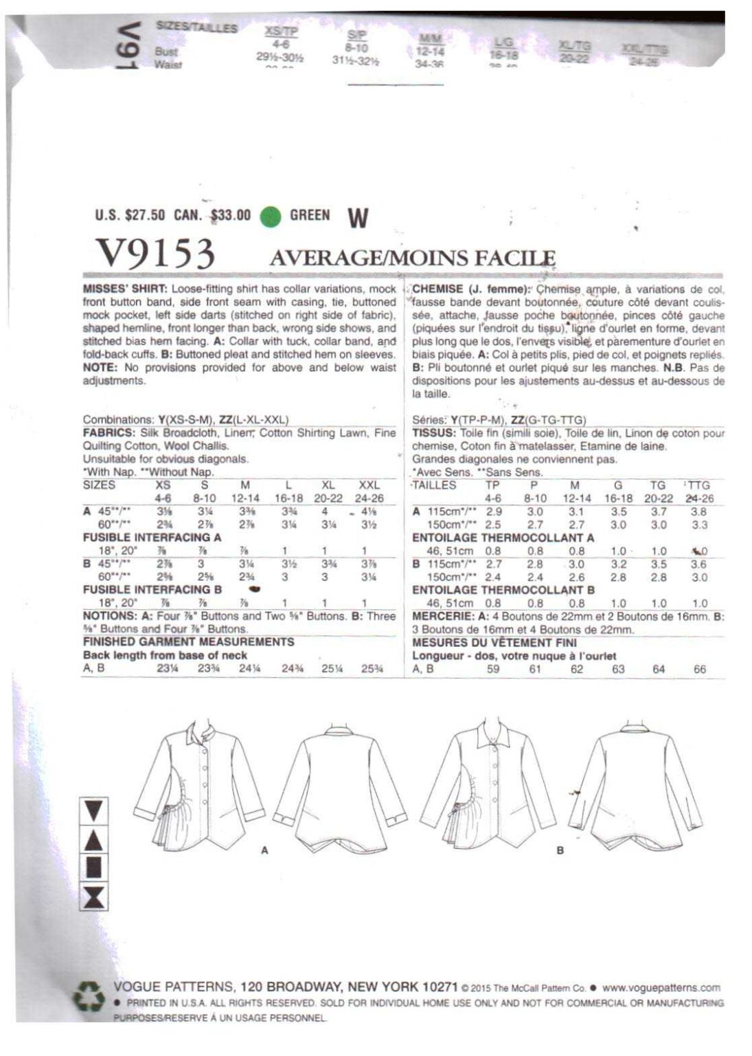 Vogue V9153 Shirt by March Tilton Size: Y XS-S-M Uncut Sewing Pattern